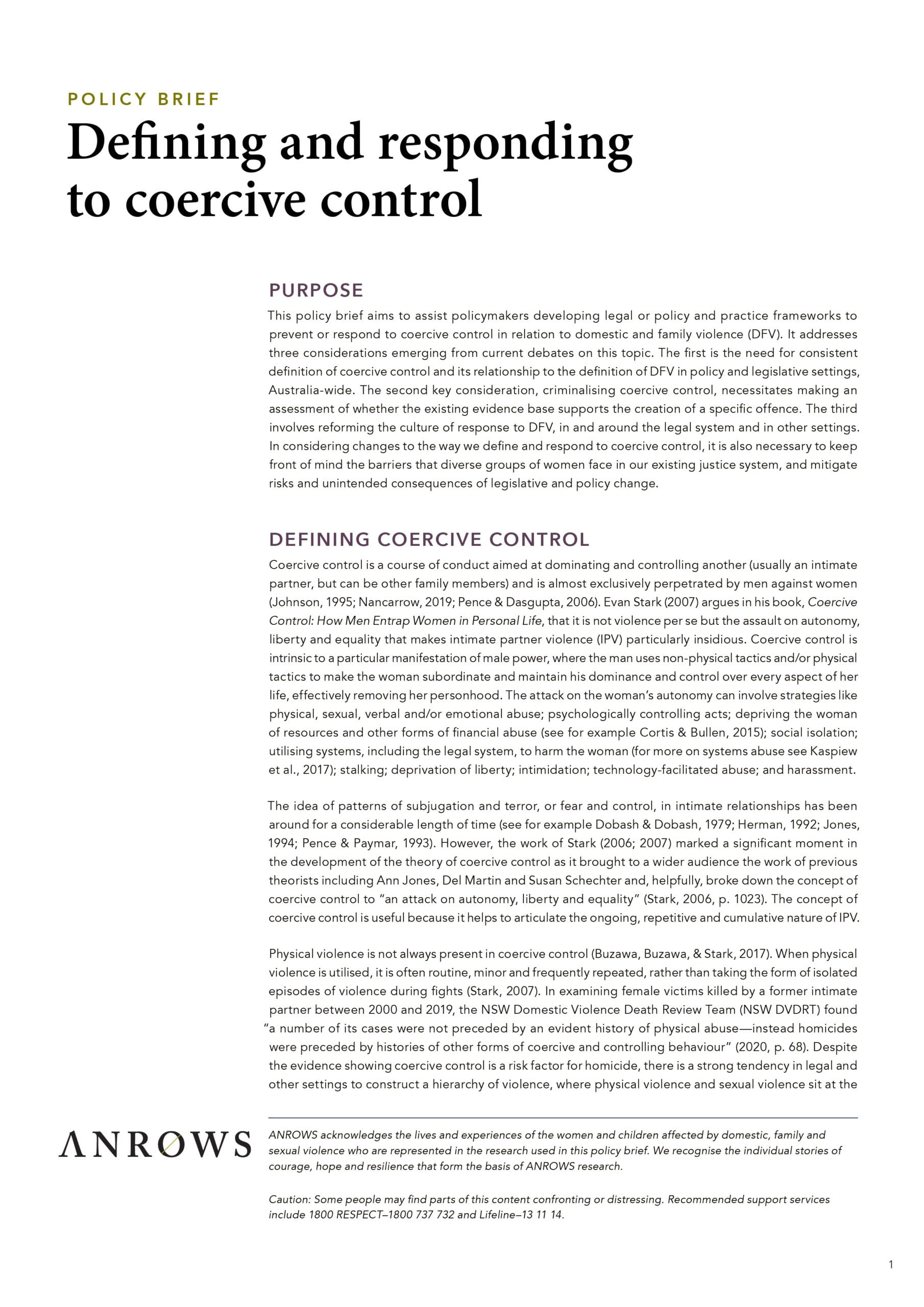 Defining and responding to coercive control: Policy brief - ANROWS ...