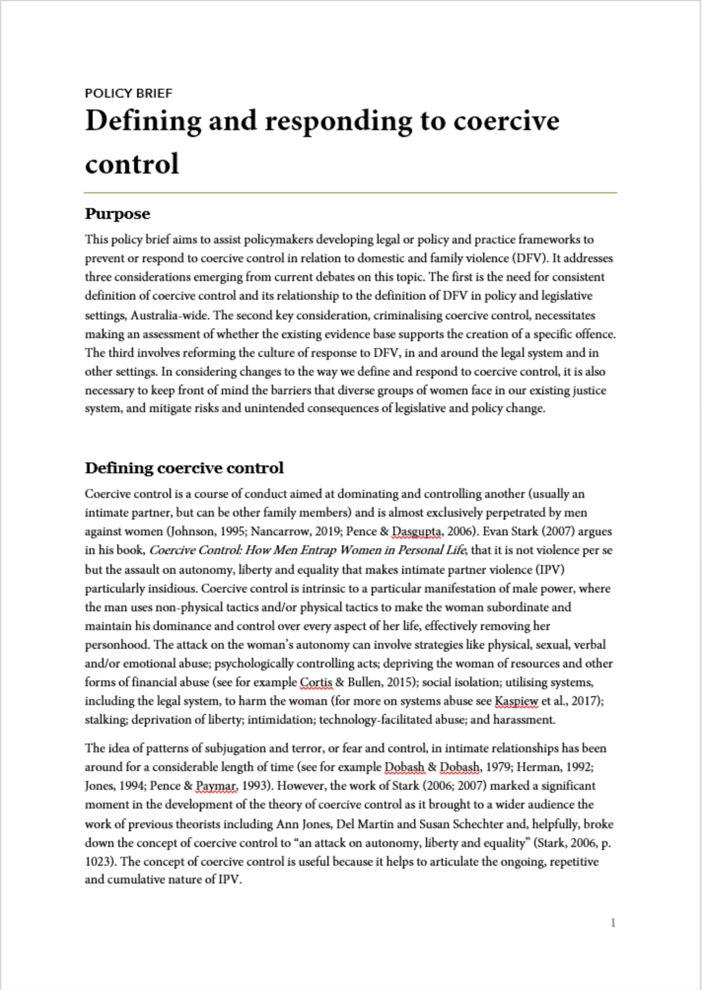 Defining and responding to coercive control: Policy brief - ANROWS ...