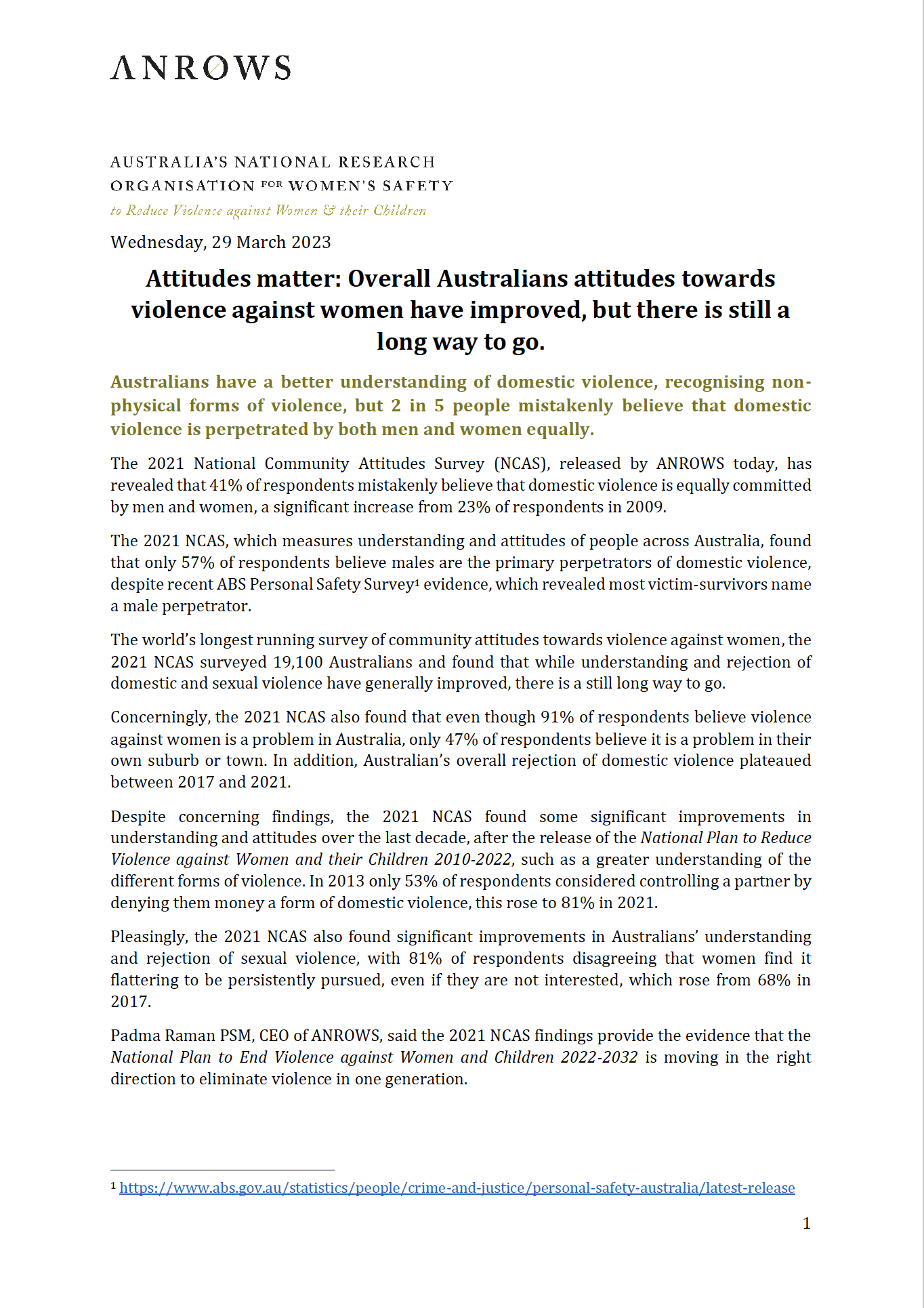 Attitudes matter: Overall Australians attitudes towards violence ...