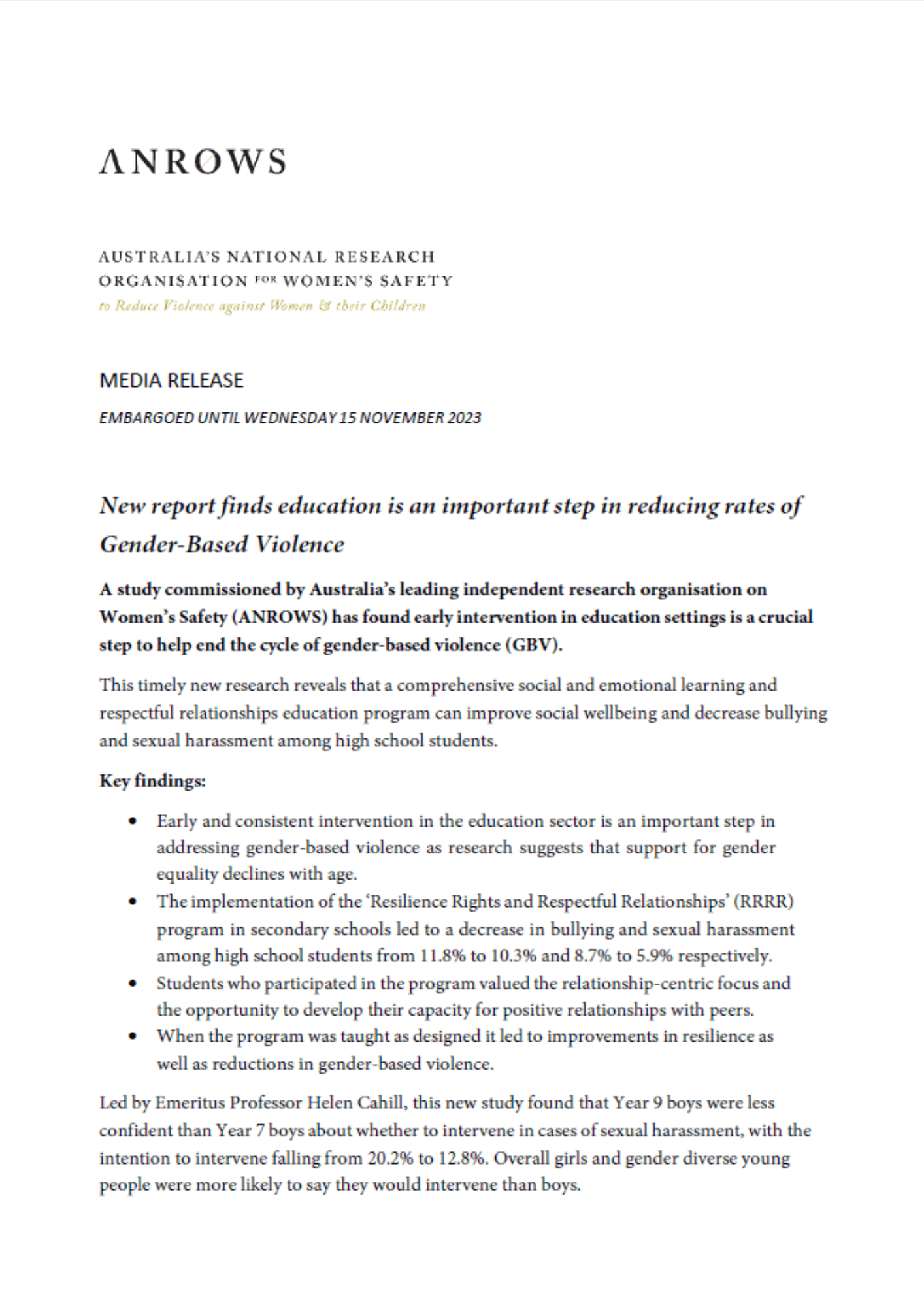 Respectful relationships education in secondary schools: A statistical ...