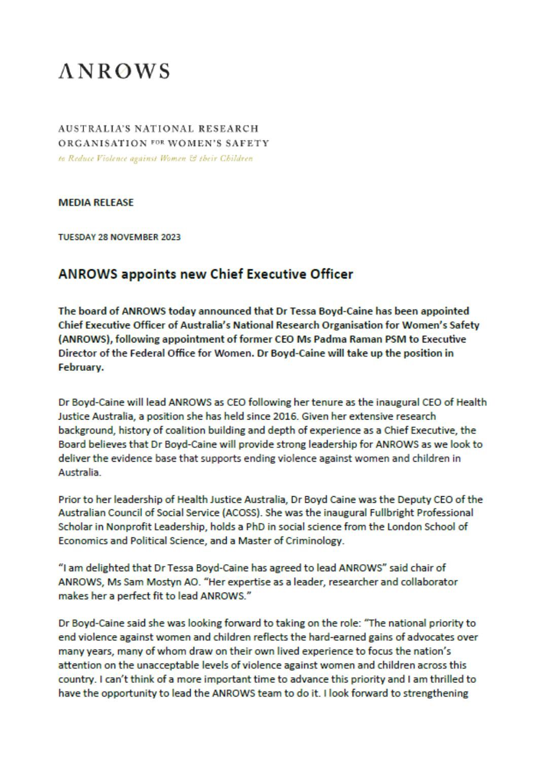 ANROWS appoints new Chief Executive Officer