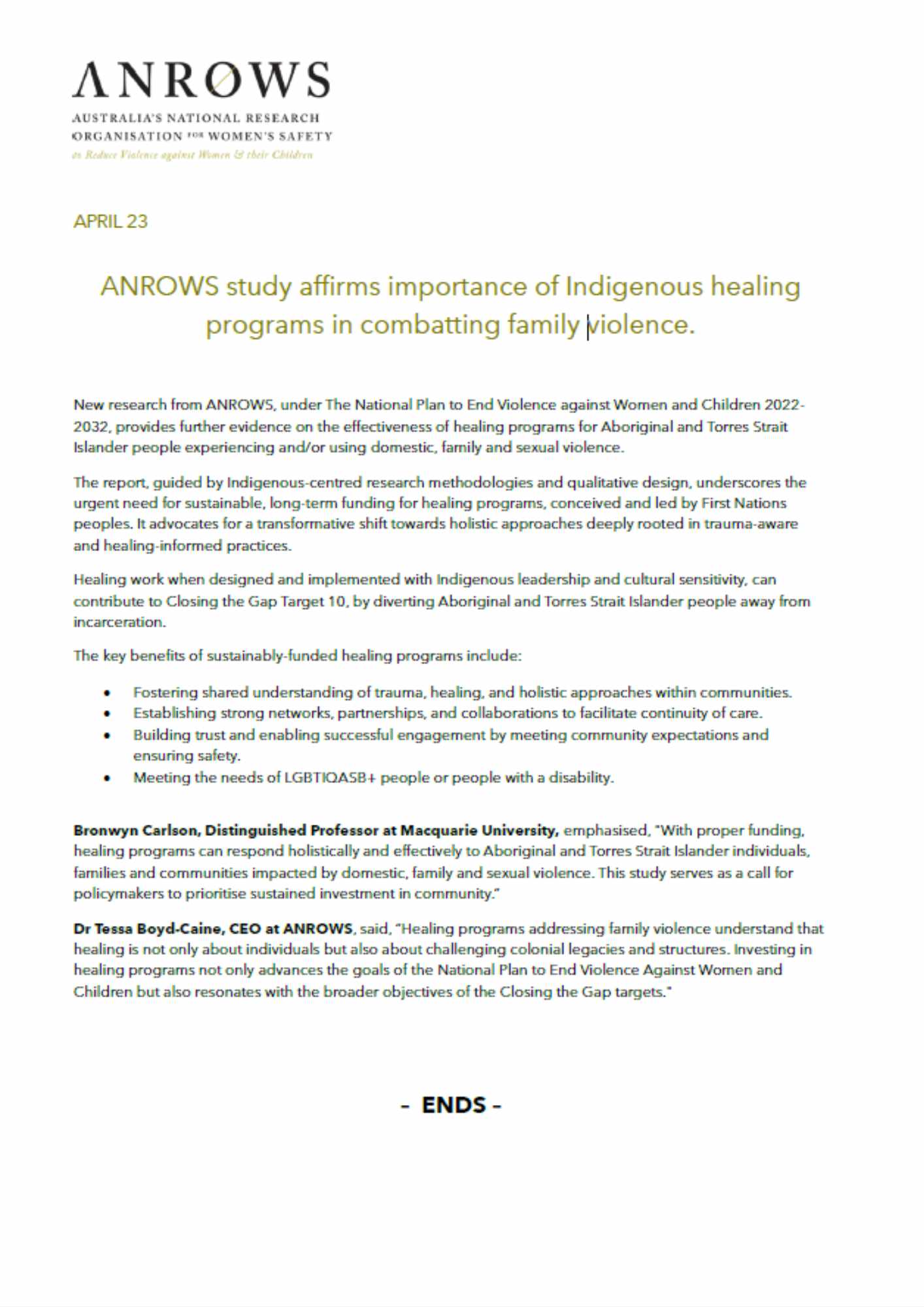 ANROWS study affirms importance of Indigenous healing programs in ...